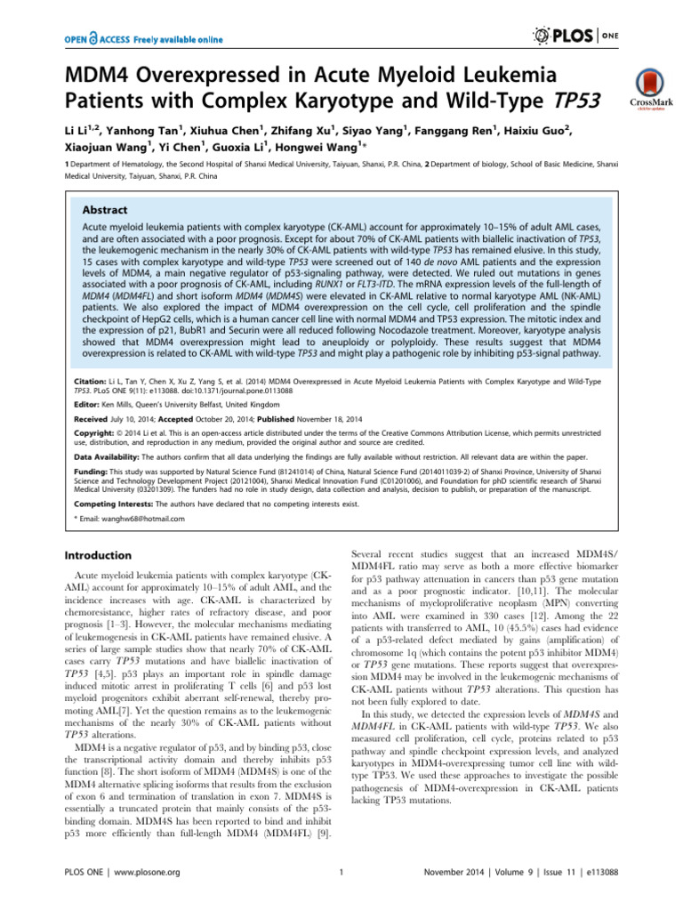 MDM4 Overexpressed in Acute Myeloid Leukemia Patients With Complex ...