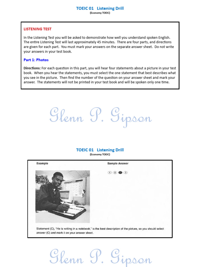 TOEIC Listening Test Overview | PDF | Standardized Tests | Qualifications