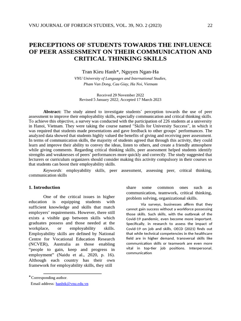 Peer Assessment in communication and critical thinking | PDF | Critical ...