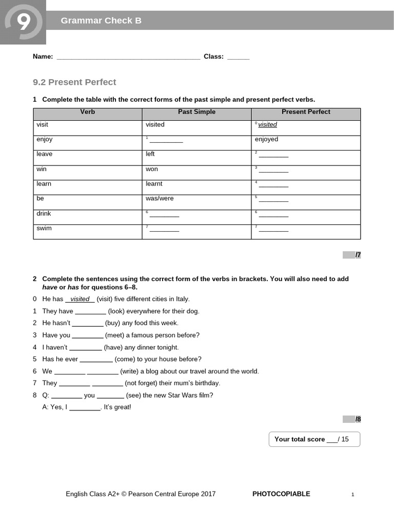 ECA2+ - Tests - Grammar Check 9.2B | PDF | Linguistic Typology | Languages
