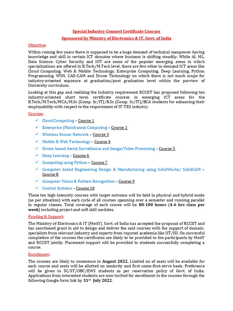 Objective: Special Industry-Connect Certificate Courses Sponsored by ...