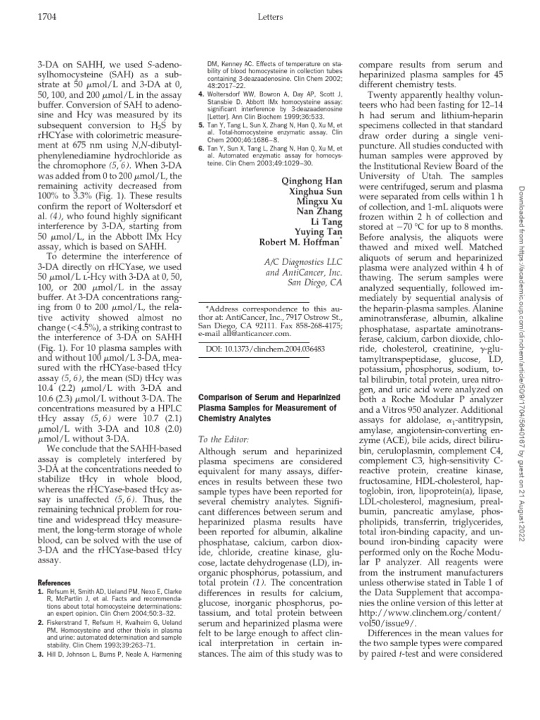 Comparison of Serum and Heparinized Plasma Samples For 3a14aahbvt | PDF