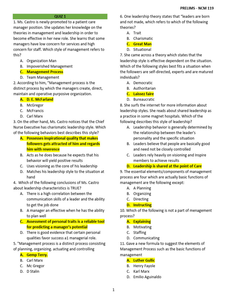 NCM-119-QA-PRELIMS | PDF | Leadership | Nursing