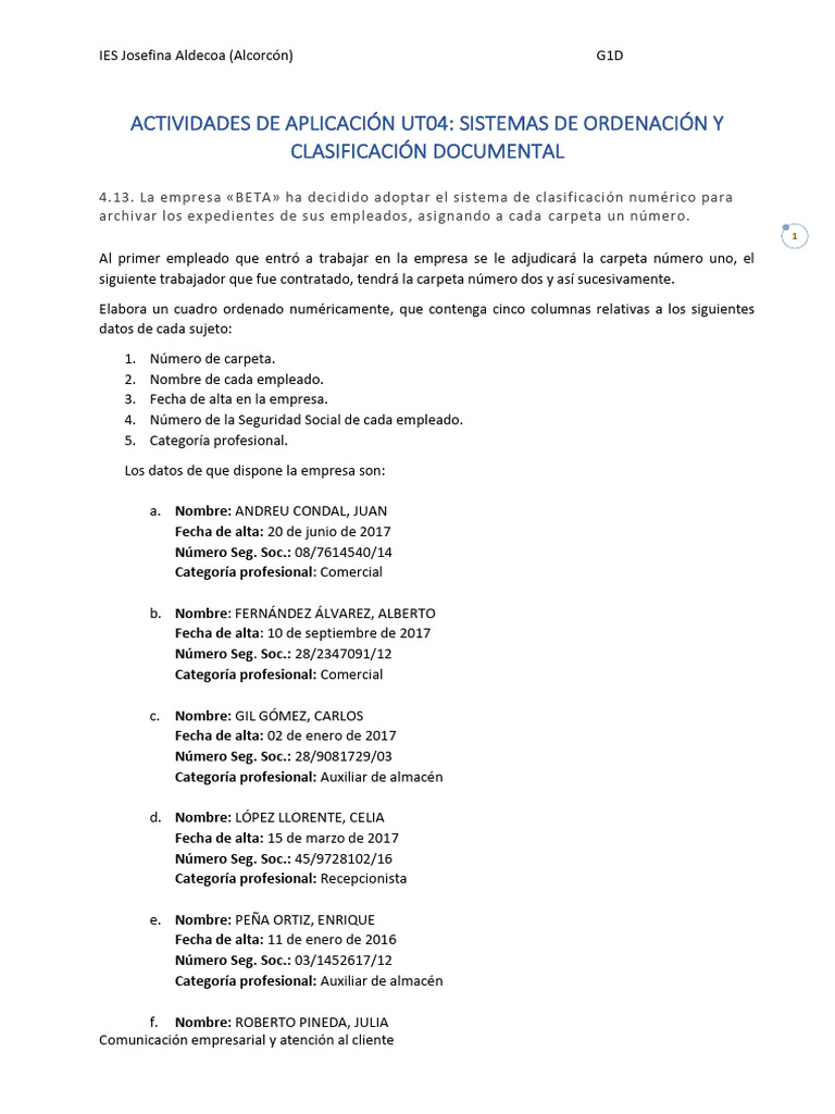 Actividades de Aplicación UT04 Clasificación y Ordenación | PDF