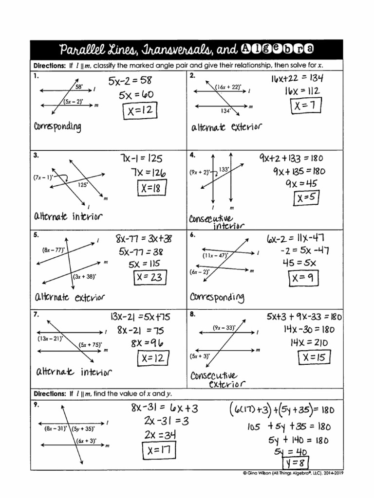 Parallel Lines Cut by A Transversal (Algebra) - KEY | PDF