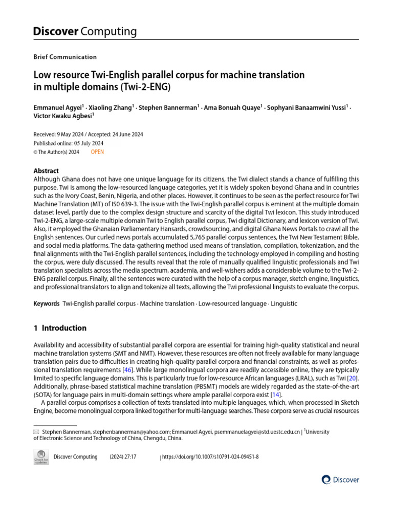 Low Resource Twi-English Parallel Corpus For Machi | PDF | Linguistics