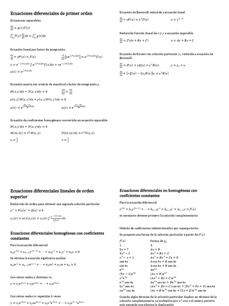Formulario - Ecuaciones Diferenciales | PDF | Valores propios y vectores propios | Ecuaciones