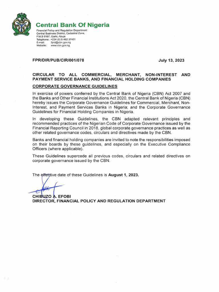 CBN-Circular and Guidelines for Corporate Governance-July 2023 | PDF ...