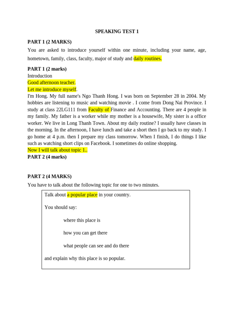 Speaking Test 1, 2 3 | PDF | Vietnam | Hanoi