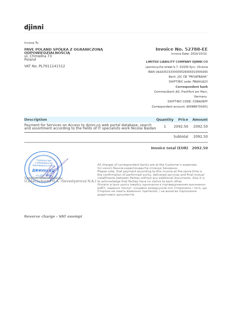 Invoice 52788-EE SWIFT | PDF