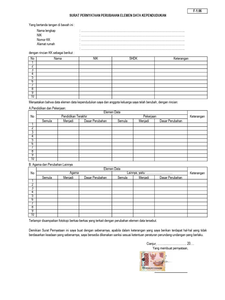 F1 06 Surat Pernyataan Perubahan Elemen Data Kependudukan | PDF