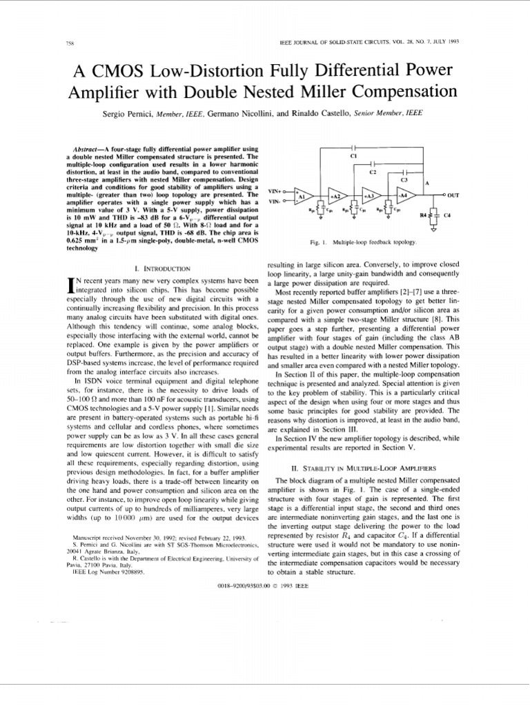 A CMOS Low-Distortion Fully Differential Power Amplifier With Double Nested Miller Compensation ...