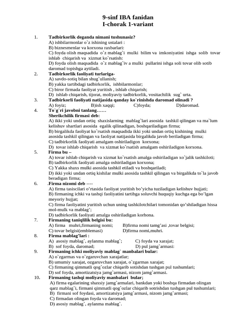 9 Sinf 1 Chorak 1 Variant | PDF