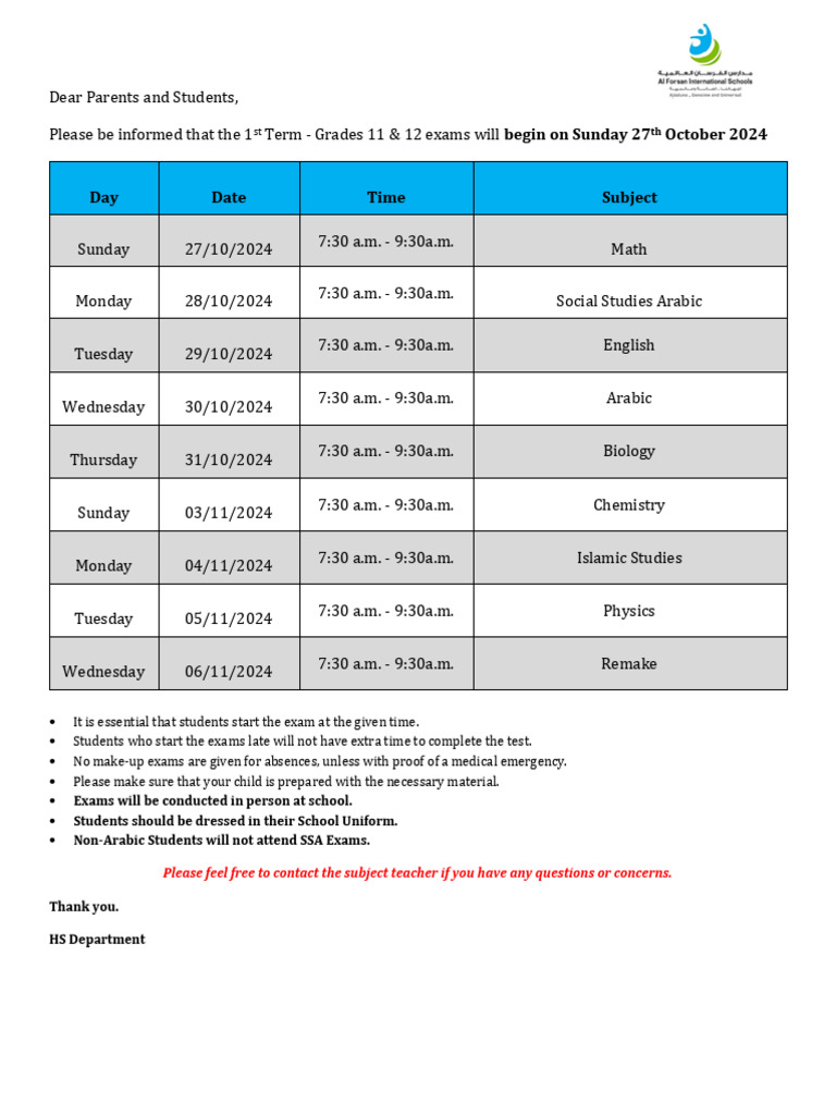 1st Term Exam Schedule GR 11 - 12 24-25 | PDF
