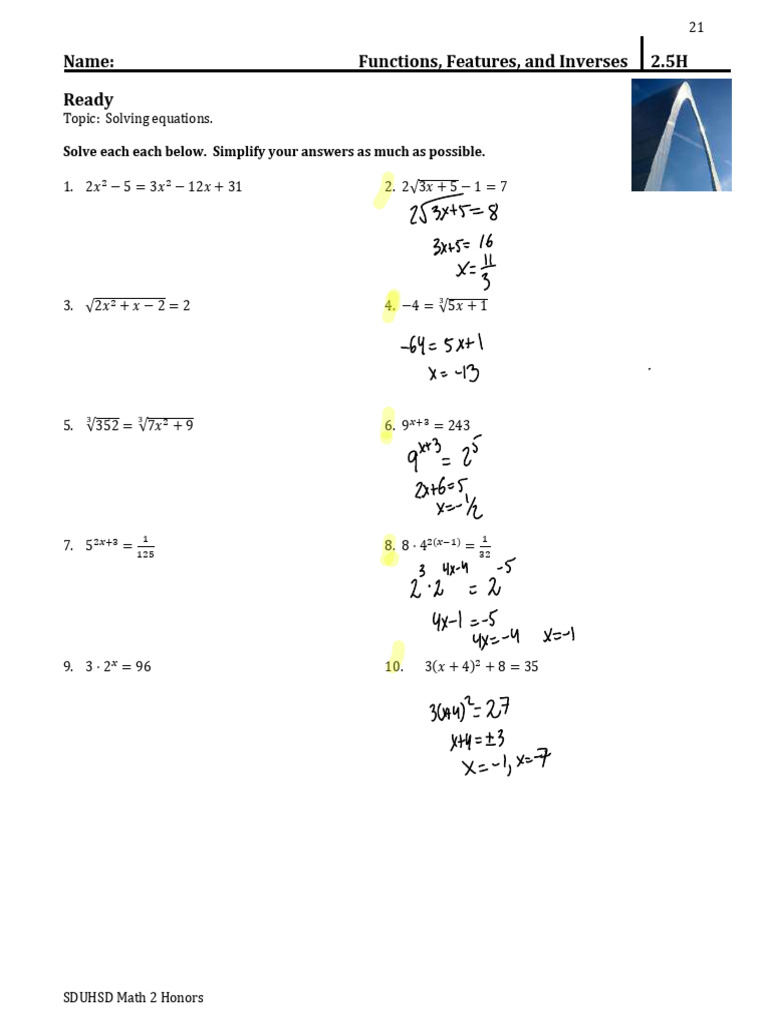 Name: Functions, Features, and Inverses 2.5H Ready: Solve Each Each ...