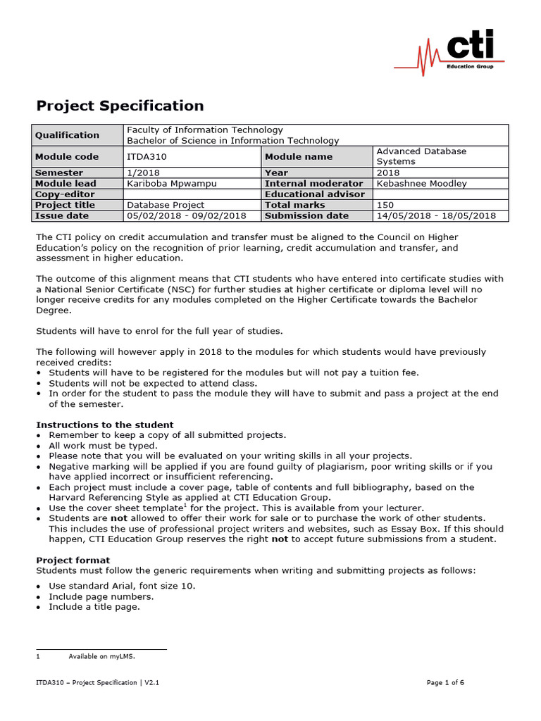 ITDA310 Project Specification (V2.1) | PDF | Databases | Conceptual Model