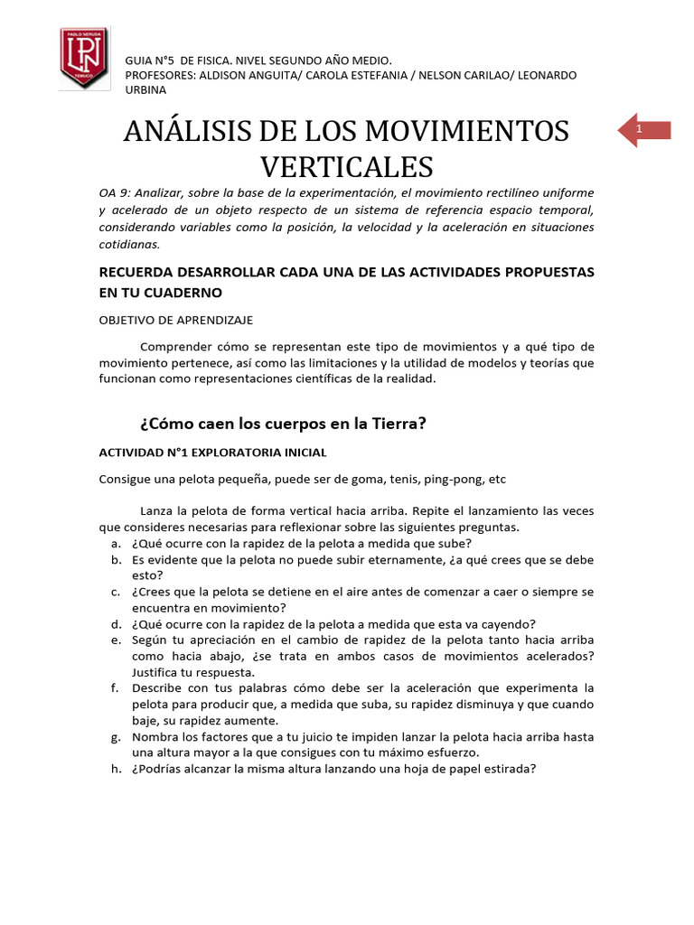 2do-Medio-MOVIMIENTOS-VERTICALES-Guia-Numero-5-1 | PDF | Velocidad | Física