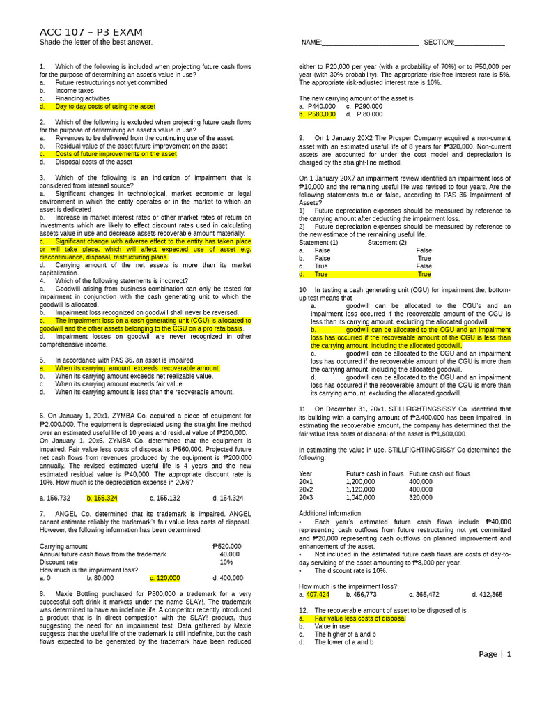 Ans Key ACC 107 P3 Exam Final Version | PDF | Goodwill (Accounting) | Depreciation