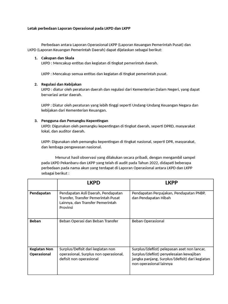 Letak Perbedaan Laporan Operasional Pada LKPD Dan LKPP | PDF