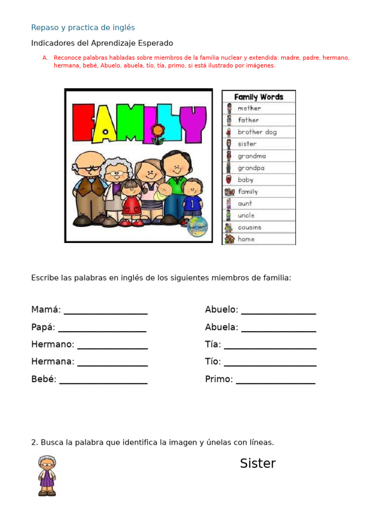 Práctica de vocabulario en inglés familiar | PDF | Artes del Lenguaje y ...