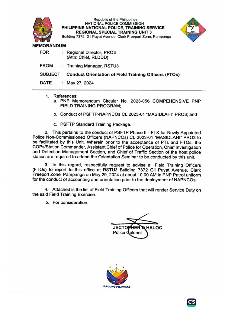 Conduct Orientation of Field Training Officers FTOs | PDF