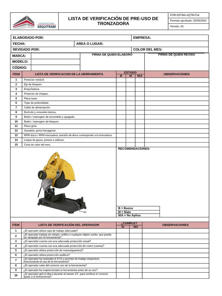For-Sstma-Aqtb-F14 Lista de Verificacion de Pre Uso de Tronzadora | PDF