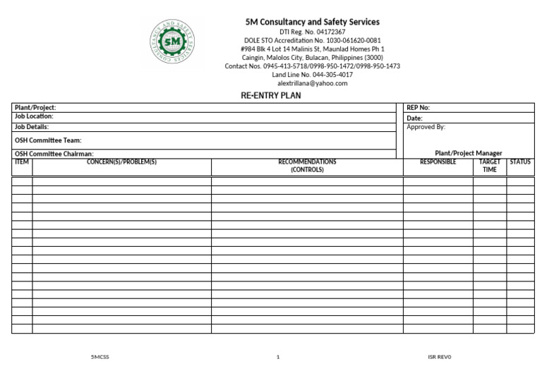 Ws7 Re Entry Plan Form Rev0 | PDF