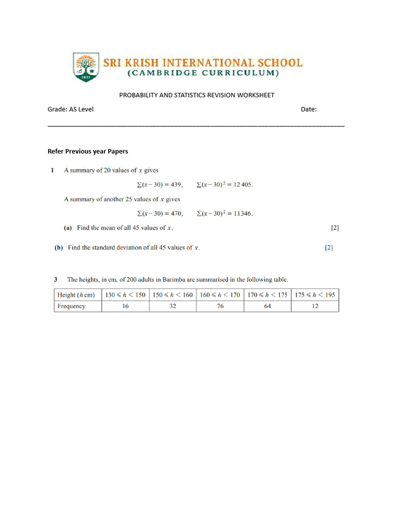 Probability and Stat Revision Worksheet-AS Level | PDF