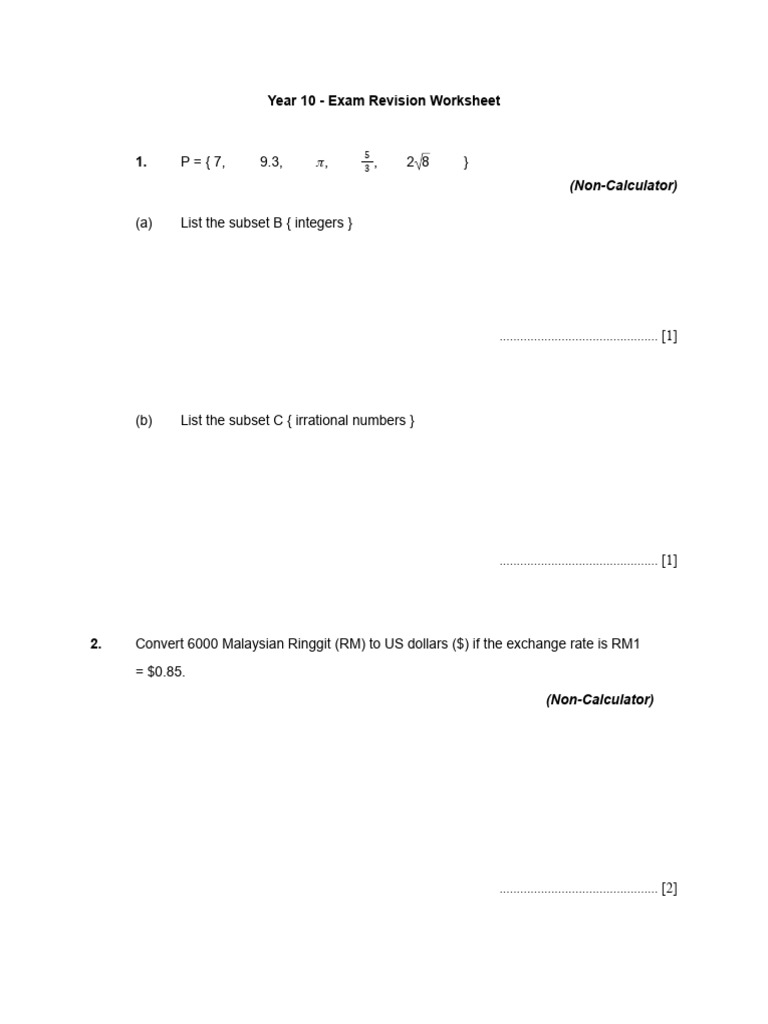 Year 10 - Exam Revision Worksheet | PDF | Discrete Mathematics ...