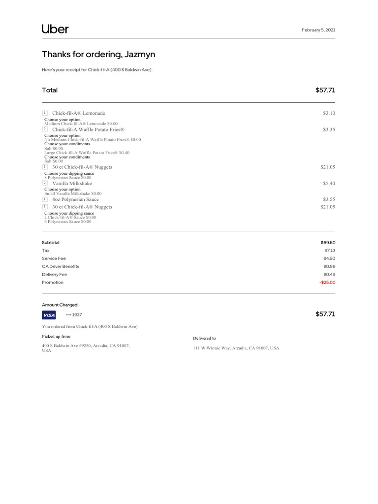 Uber Eats Receipt | PDF | Food And Drink Preparation | Food Industry