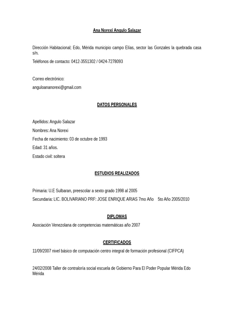 Curriculum Ana Norexi Angulo Salazar | PDF | Bienestar
