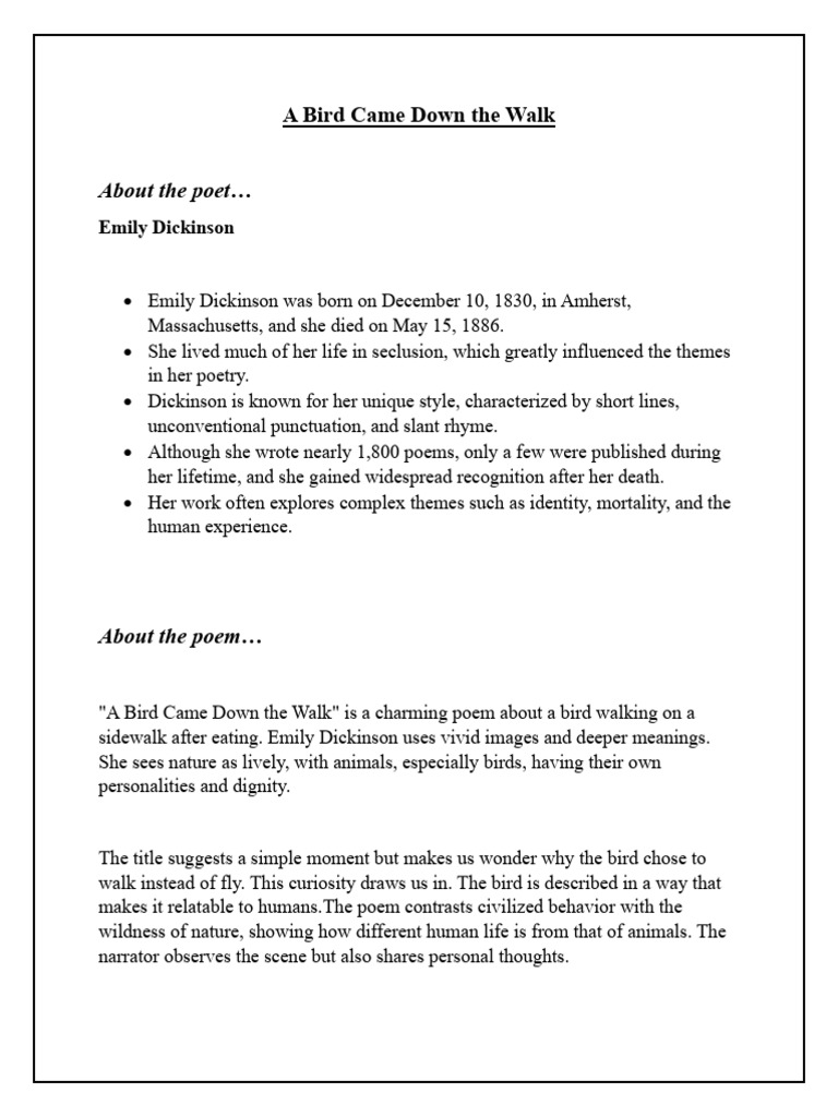 A Bird Came Down The Walk | PDF | Emily Dickinson