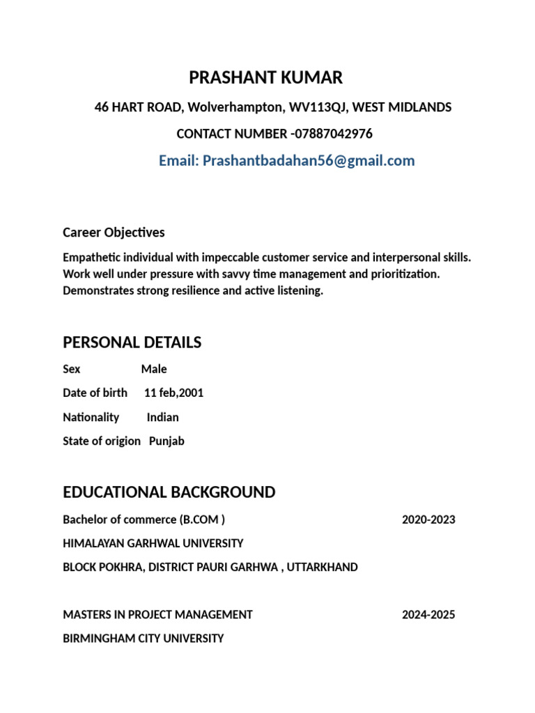Prashant CV | PDF | Career & Growth | Business