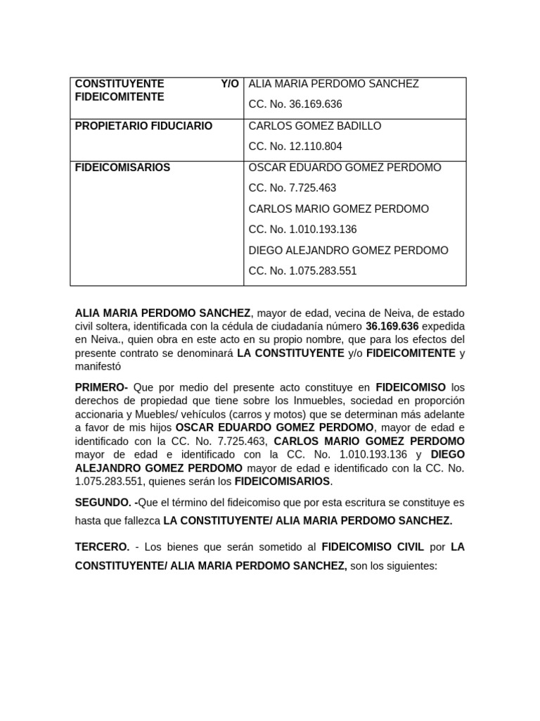 Fideicomiso Alia Maria Perdomo | PDF | Propiedad | Vehículo de motor
