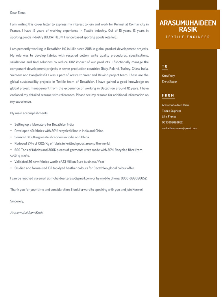 Cover Letter_Arasumuhaideen (1) | PDF | Textiles | Textile Manufacturing