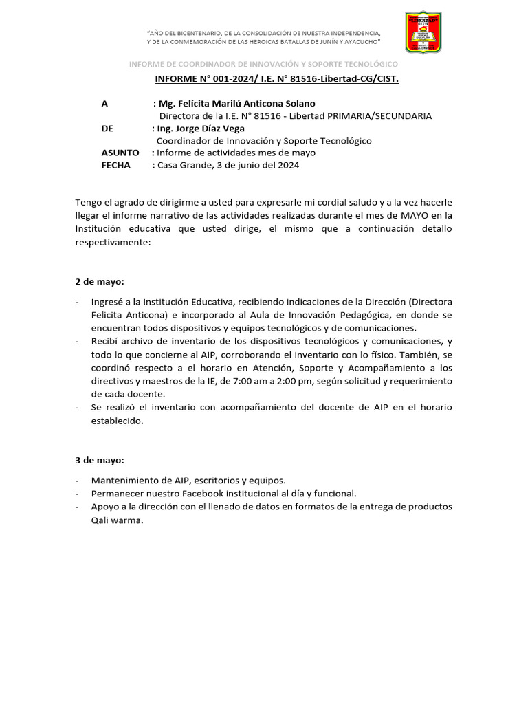 Informe Jorge Diaz Vega CIST Mayo 2024 | PDF | Ciencias sociales