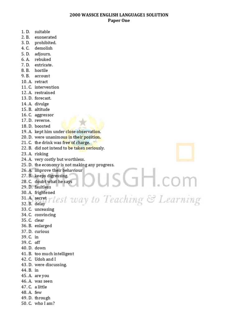 WASSCE 2000 English Language Solutions | PDF | History | Young Adult