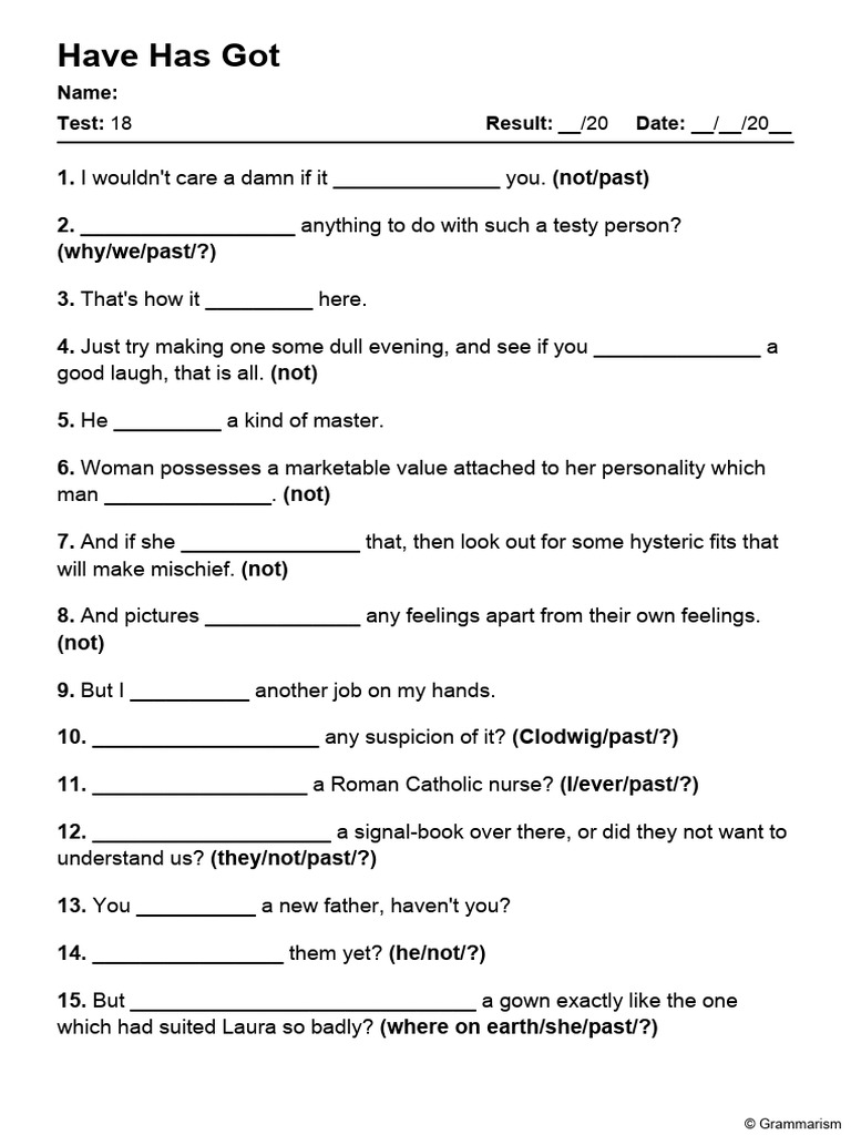 Grammar Test: Have, Has, Got Exercises | PDF