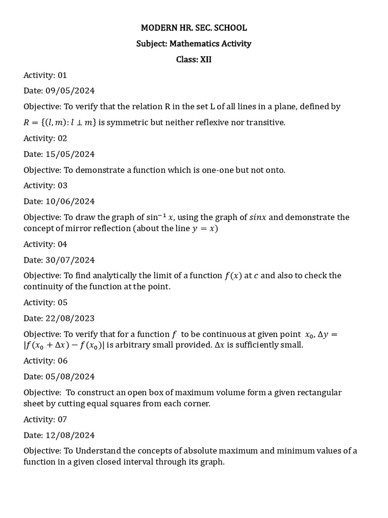 MATH ACTIVITY CLASS XII hfiogb | PDF