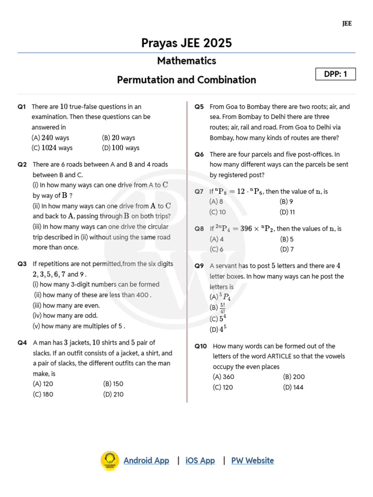 Permutation and Combination DPP 01 of Lec 03 Prayas JEE 2025 | PDF