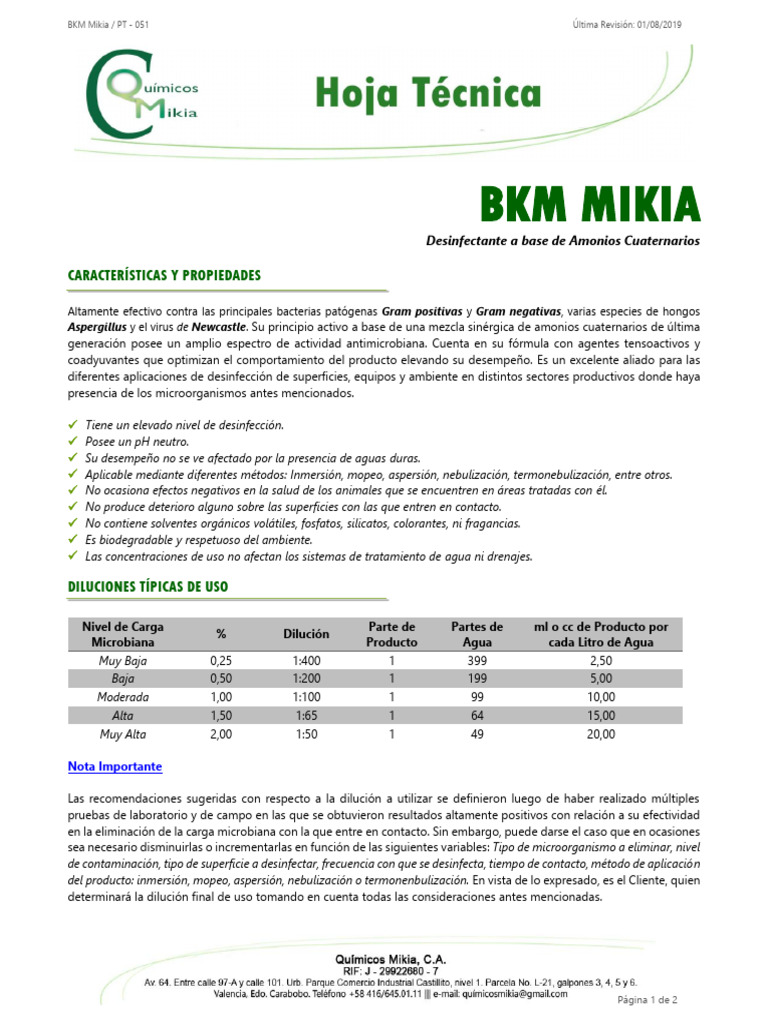 BKM Mikia - Hoja Técnica | PDF | Agua | Materiales