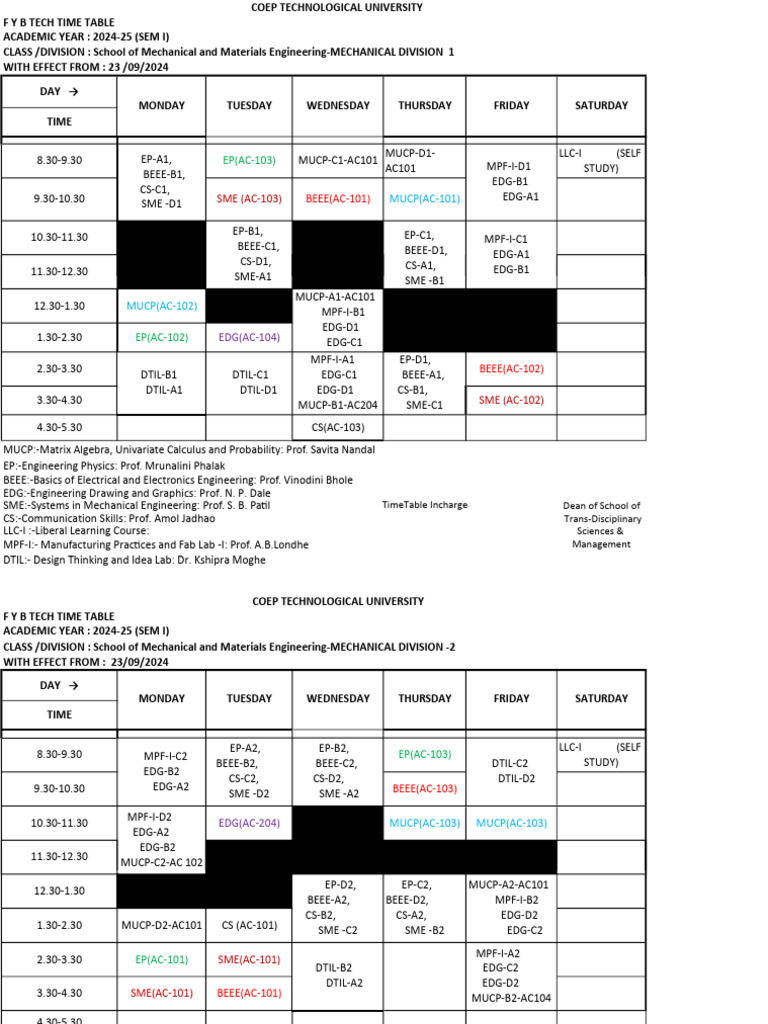 COEP First Year B.Tech Timetable | PDF | Electronics | Electrical Engineering