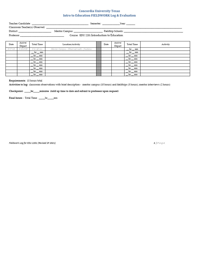 Intro To ED Fieldwork Log - NOT Evaluation EDU2201 REV 2021 - Fillable ...