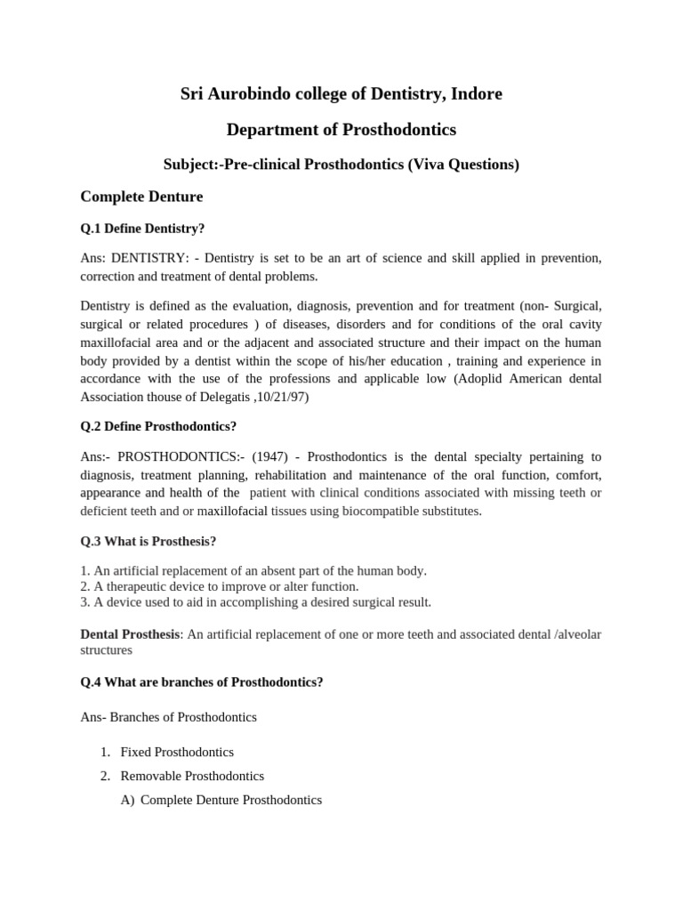 PCP Viva Questions & Answers - Final | PDF | Prosthodontics | Dentures