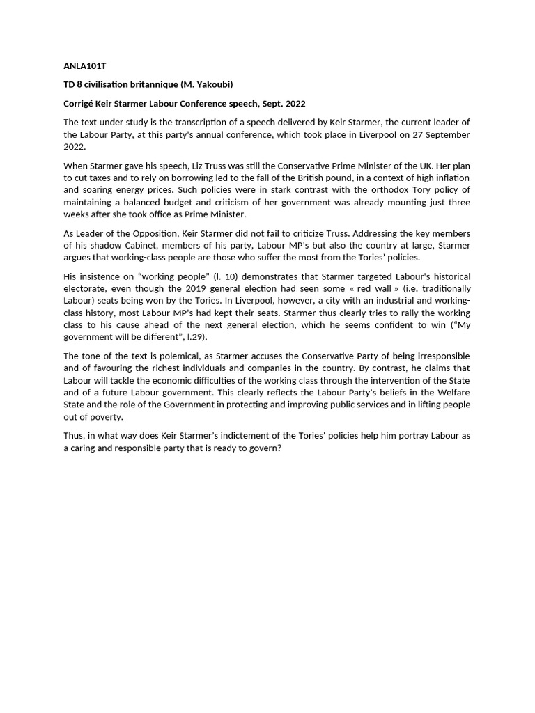 Corrigé Keir Starmer Labour Conference Speech 2022 MY | PDF