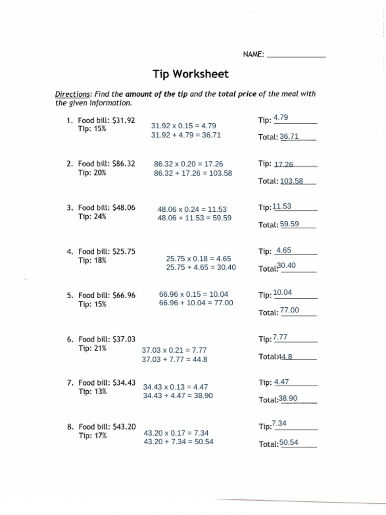 Calculate Tips Worksheet | PDF