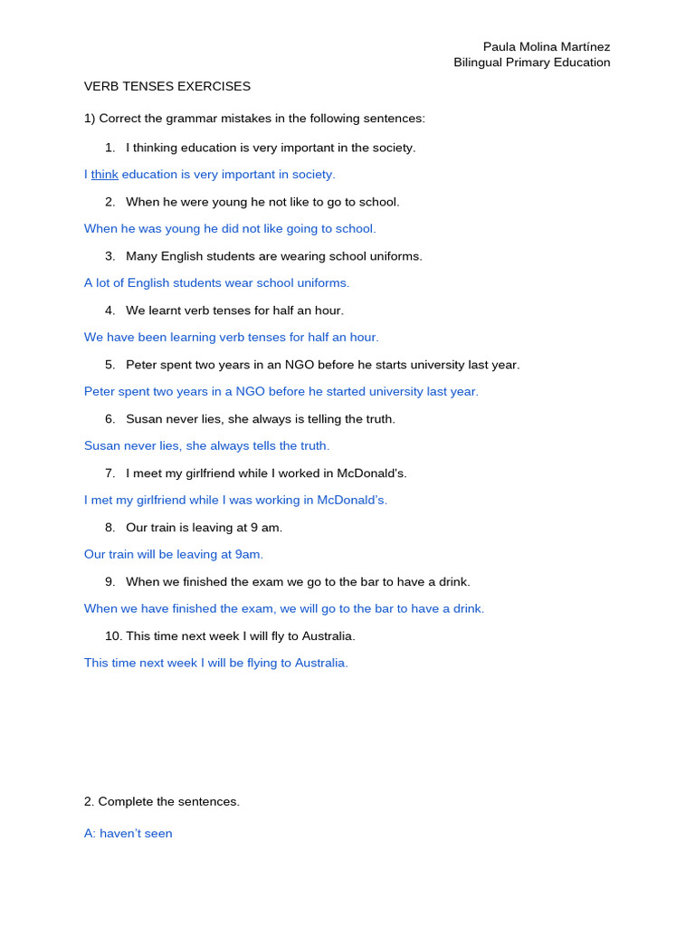 Bilingual Education: Verb Tenses Exercises | PDF | English Language ...
