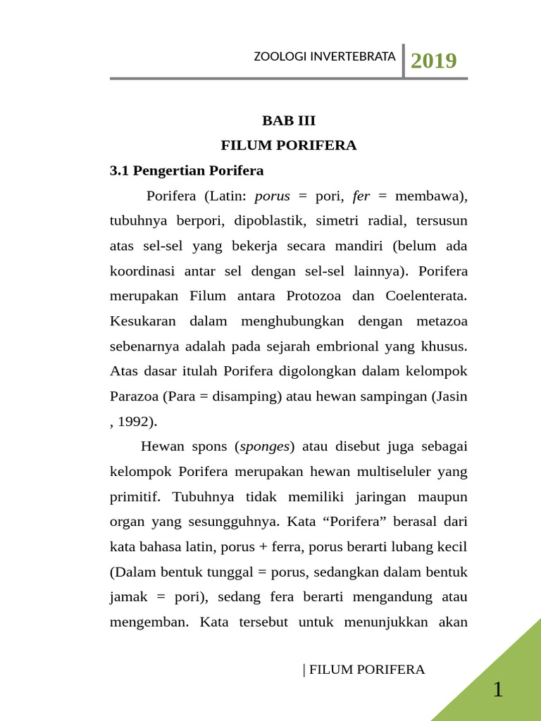 Karakteristik dan Struktur Filum Porifera | PDF | Kajian Bahasa Asing