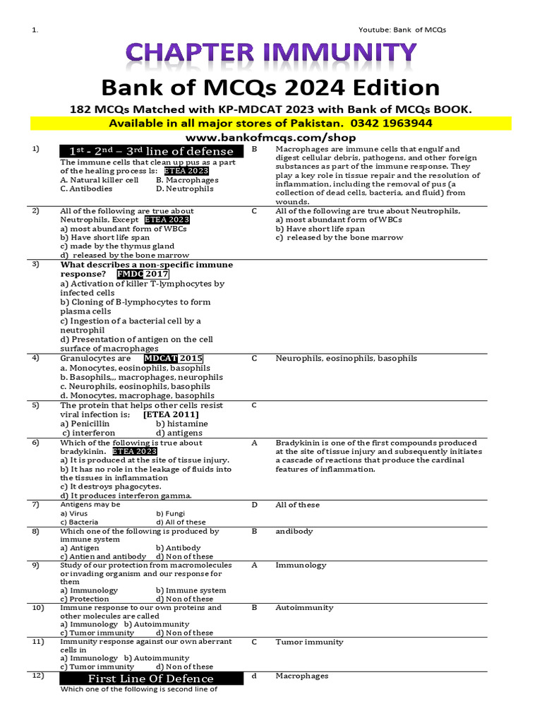 Chapter Immunity Mcqs by Study Corner | PDF | Immune System | White Blood Cell
