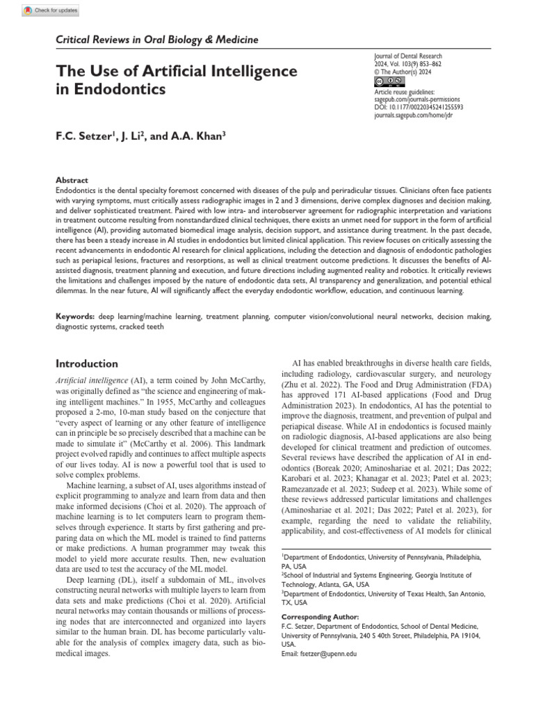The Use of Artificial Intelligence in Endodontics - 2024 | PDF ...